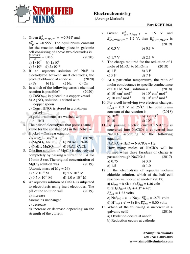 3.electrochemistry KCET PYQs | PDF | Electrochemistry | Redox