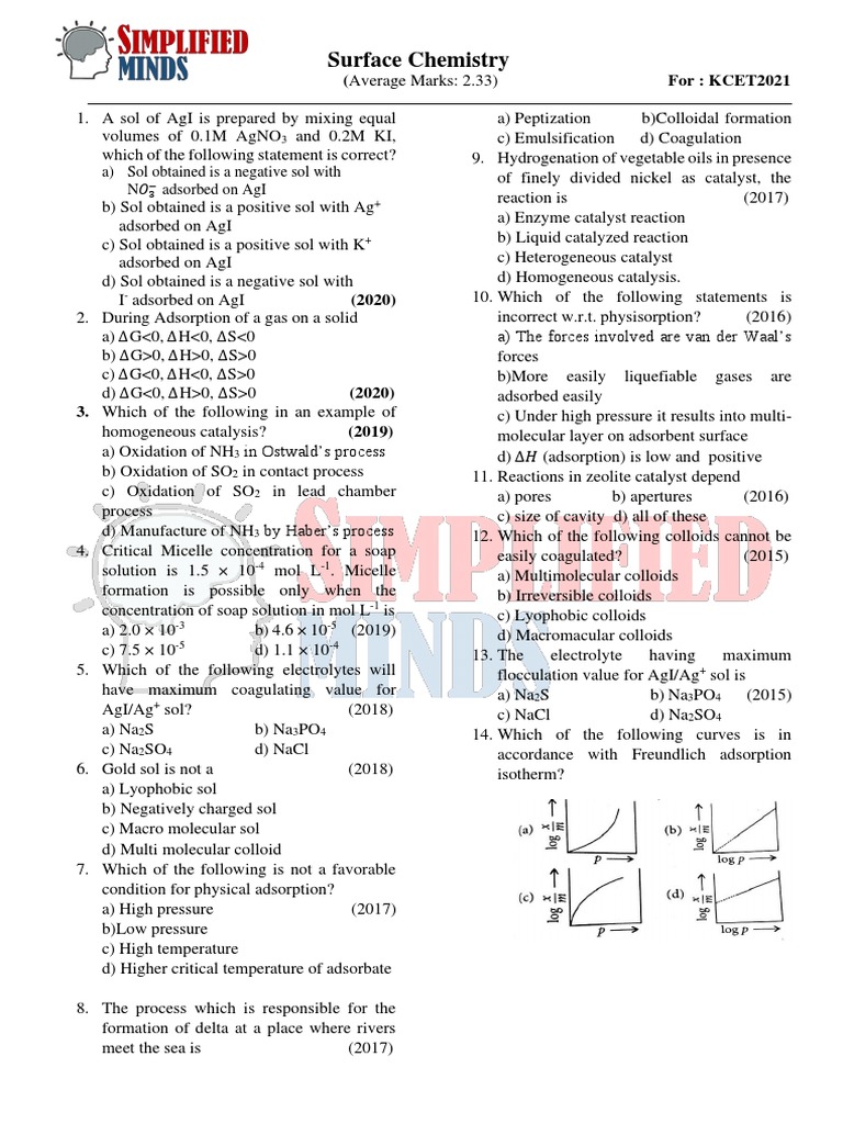 5.SurfaceChemistry KCET PYQs | PDF | Catalysis | Adsorption
