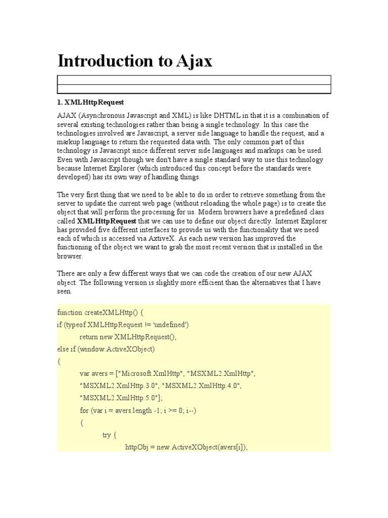 Introduction To Ajax: 1. Xmlhttprequest | PDF | Ajax (Programming) | Json Introduction To Ajax: 1. Xmlhttprequest | PDF | Ajax (Programming) | Json