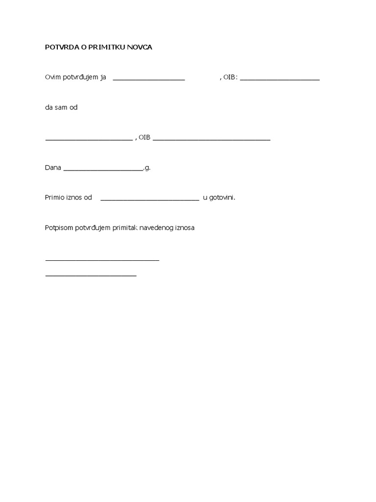 Potvrda o Primitku Novca Obrazac | PDF