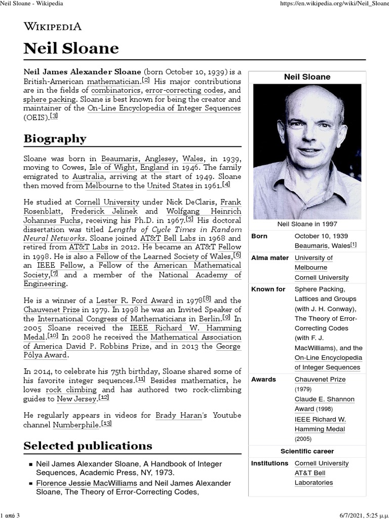 Neil Sloane: Biography | PDF | Teaching Mathematics | Science