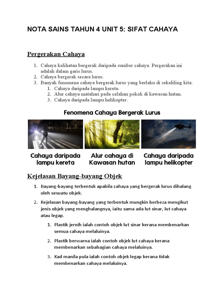 Nota Sains Tahun 4 Unit 5 Cahaya Pdf
