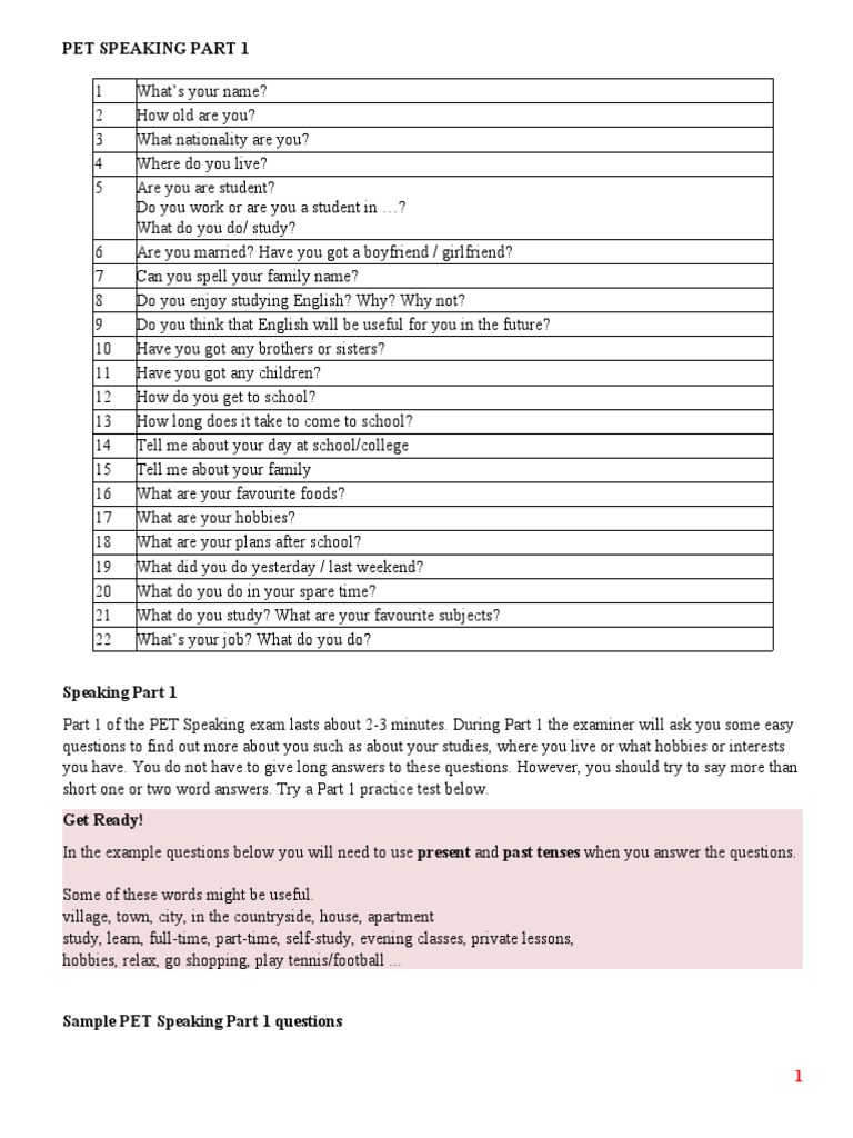 PET Speaking Part 1 | PDF | Test (Assessment)