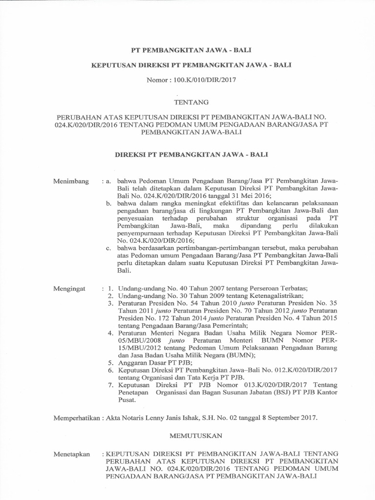 SK PJB No 100.K.010.DIR.2017 Pedoman Umum Pengadaan Barang Jasa | PDF