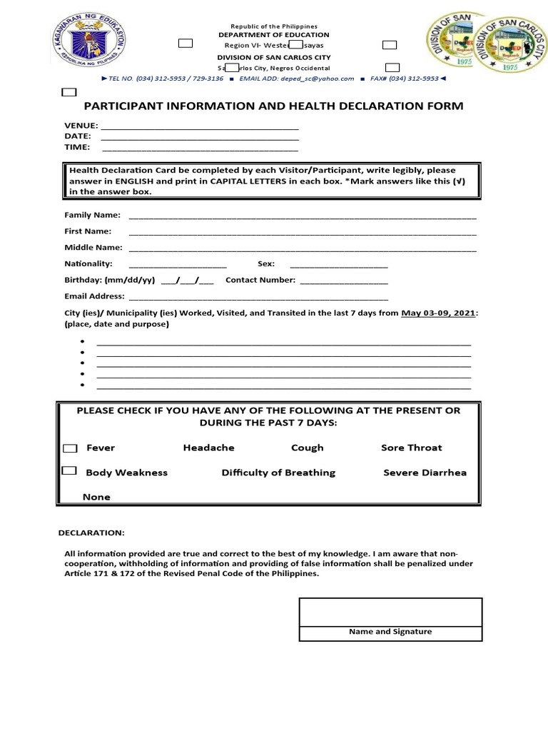 Participant Information and Health Declaration Form: Region VI-Western ...