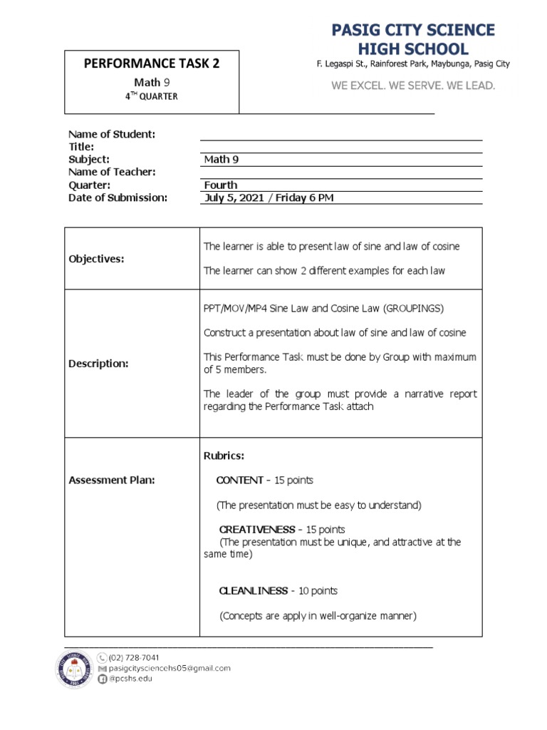 Performance Task 2: Math 9 | PDF | Career & Growth | Teaching Methods ...