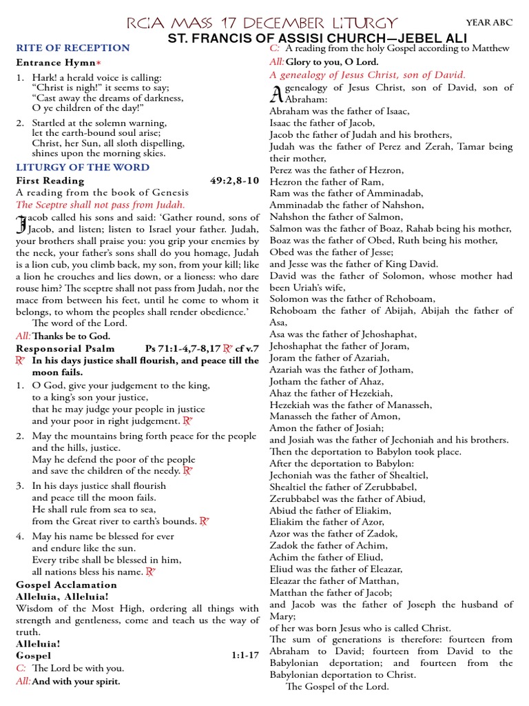 Rcia Mass 17 December Liturgy: St. Francis of Assisi Church-Jebel Ali ...