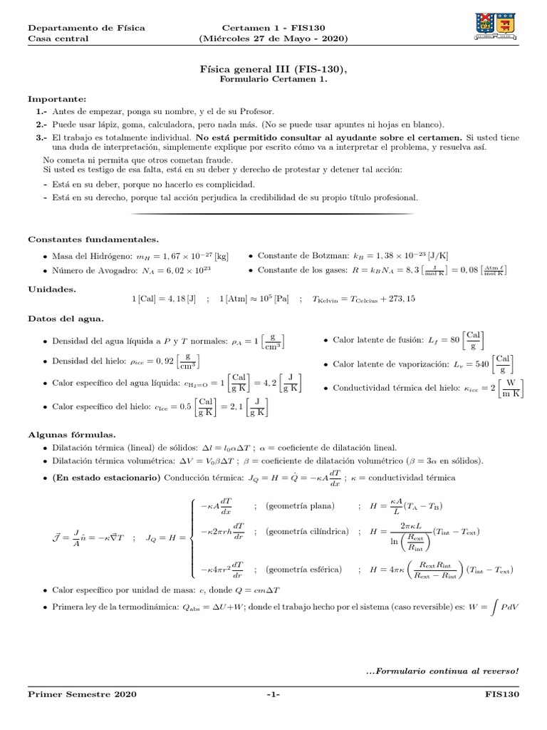 2019-2-Formulario C1 | PDF | Ingeniería mecánica | Química Física