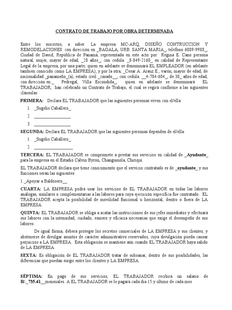 Contrato de Trabajo Por Obra Determinada | PDF | Salario | Empresas