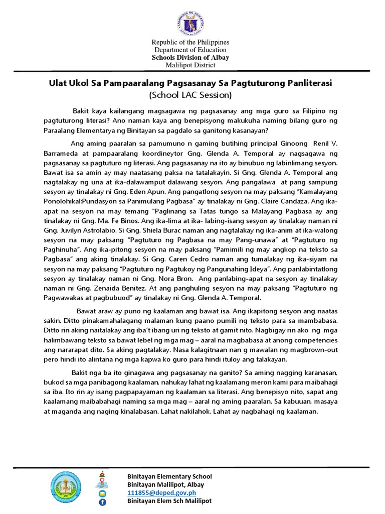 Ulat Ukol Sa Pagsasanay Sa Literasi | PDF