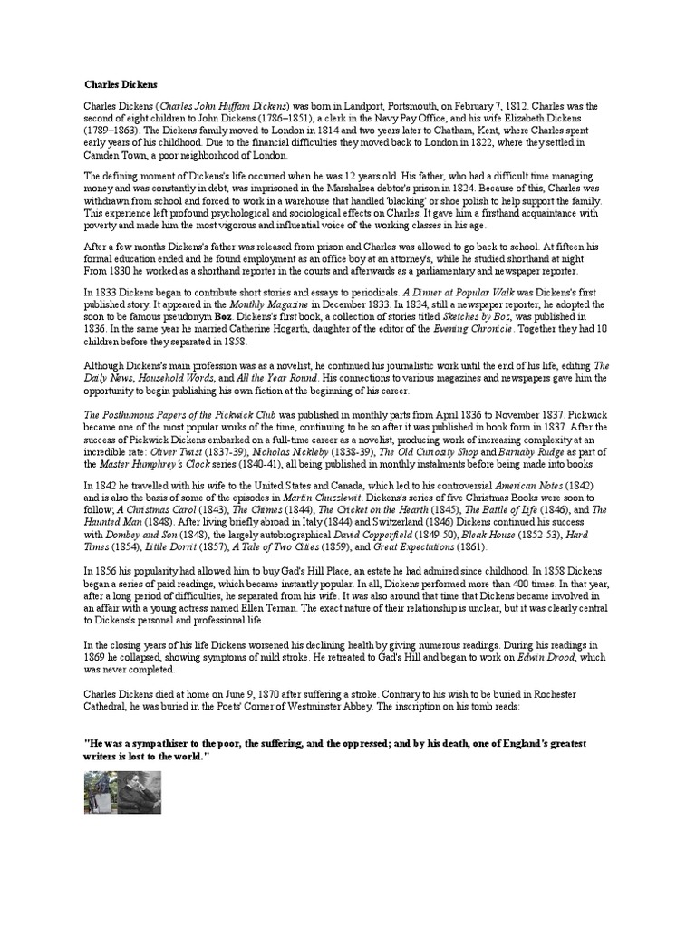 Charles Dickens Profile | PDF | Great Expectations | Estella (Great ...