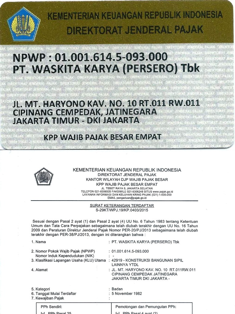 NPWP, SKT Dan SPPKP Waskita Karya (Persero) TBK 030715 | PDF