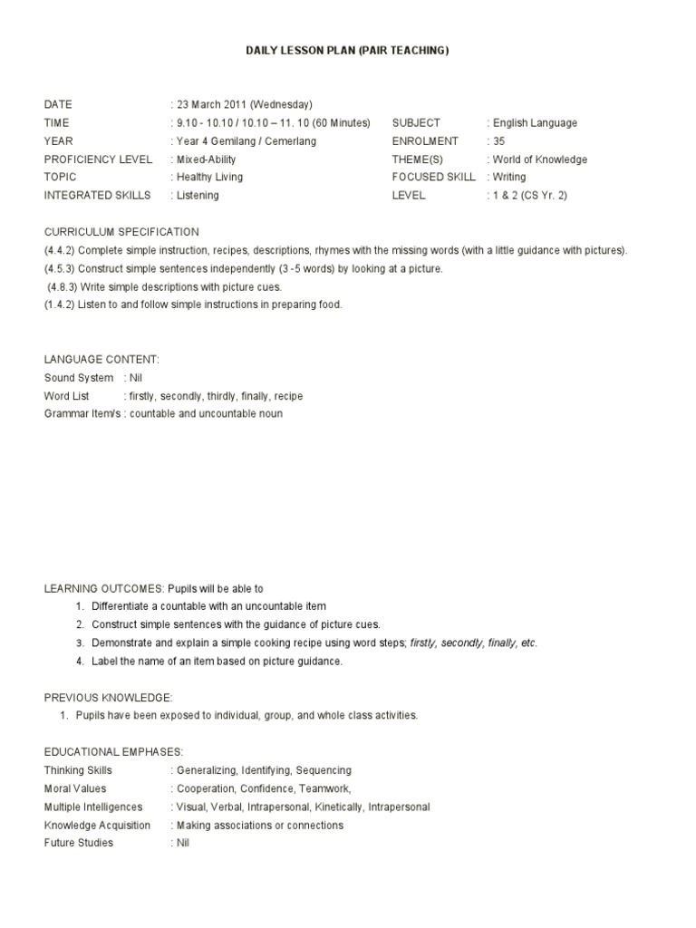 Daily Lesson Plan (Pair Teaching) | PDF | Teachers | Word