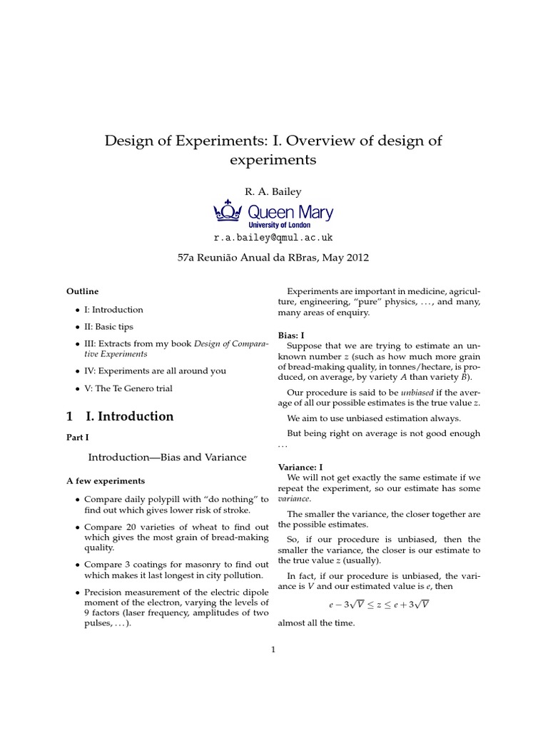 Design of Experiments: I. Overview of Design of Experiments: R. A ...