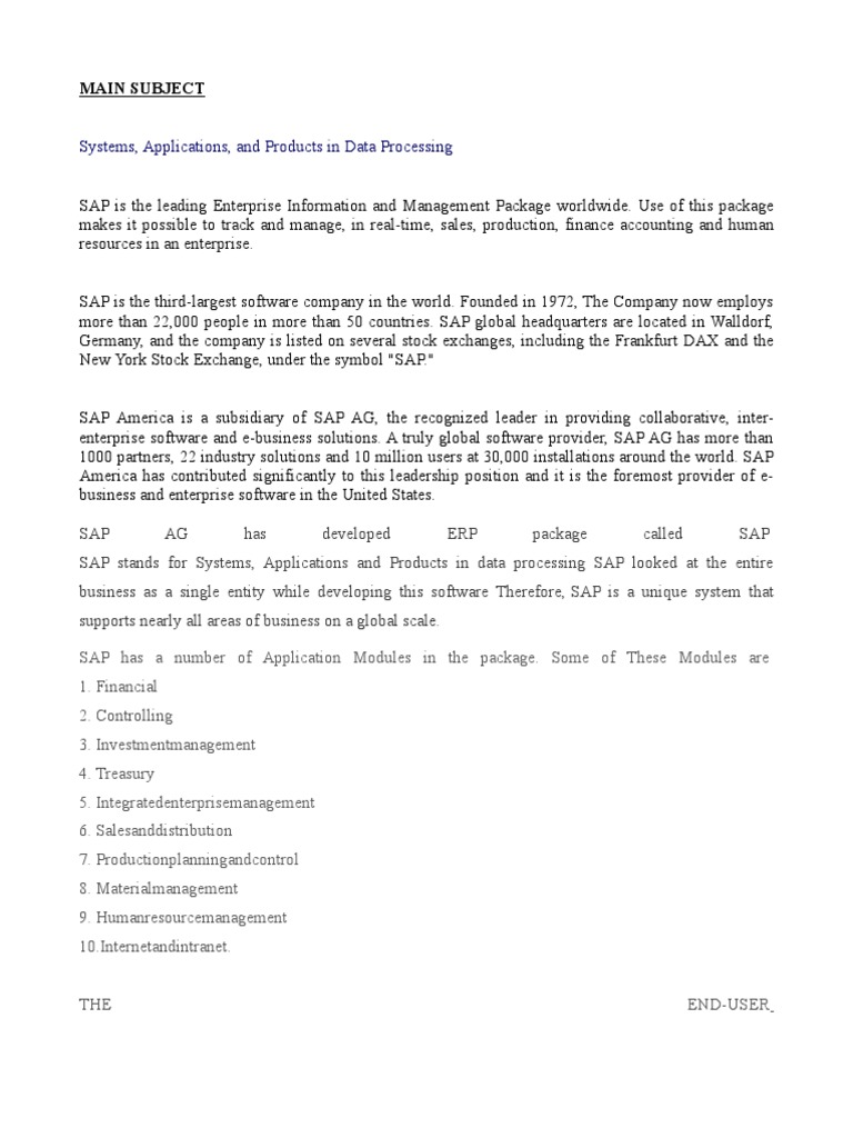 Systems, Applications, and Products in Data Processing: Main Subject ...