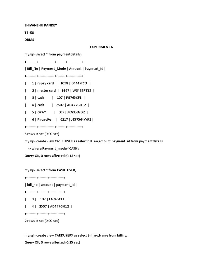 Shivanshu Pandey TE - 58 Dbms Experiment 6 | PDF | Databases | Data