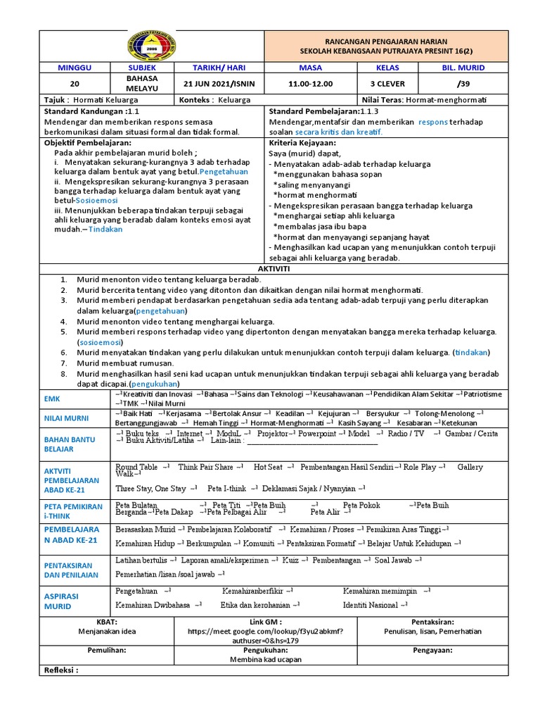 Contoh RPH Sivik m20 (Hormat Menghormati) | PDF