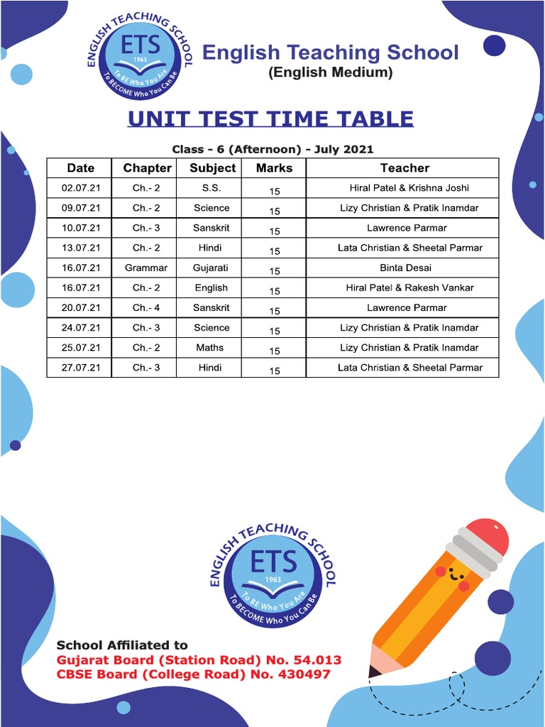 Unit Test - Class 6 (Afternoon) Timetable | PDF
