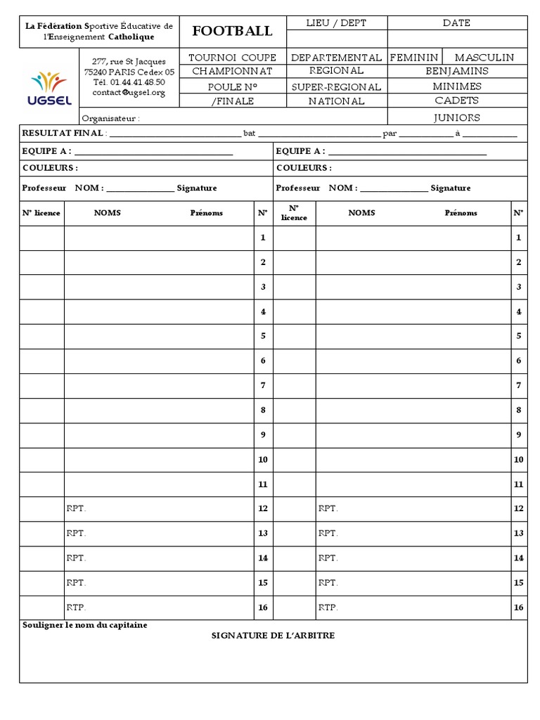 Feuille De Match De Football Modèle Mise à Jour Du Classement
