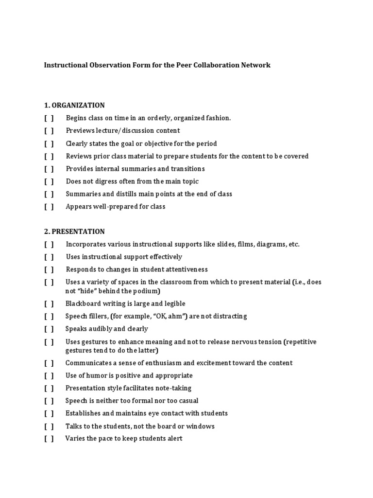 Instructional Observation Checklist Sample | PDF | Classroom | Concept