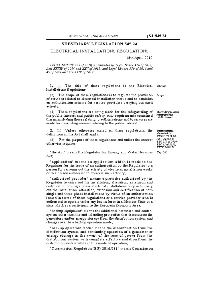 Subsidiary Legislation 545.24 Electrical Installations Regulations ...