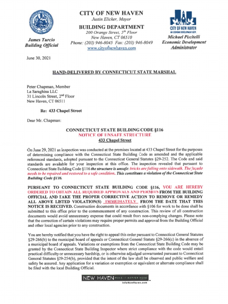 433 Chapel Street Notice of Unsafe Structure Jul 2 2021 | PDF