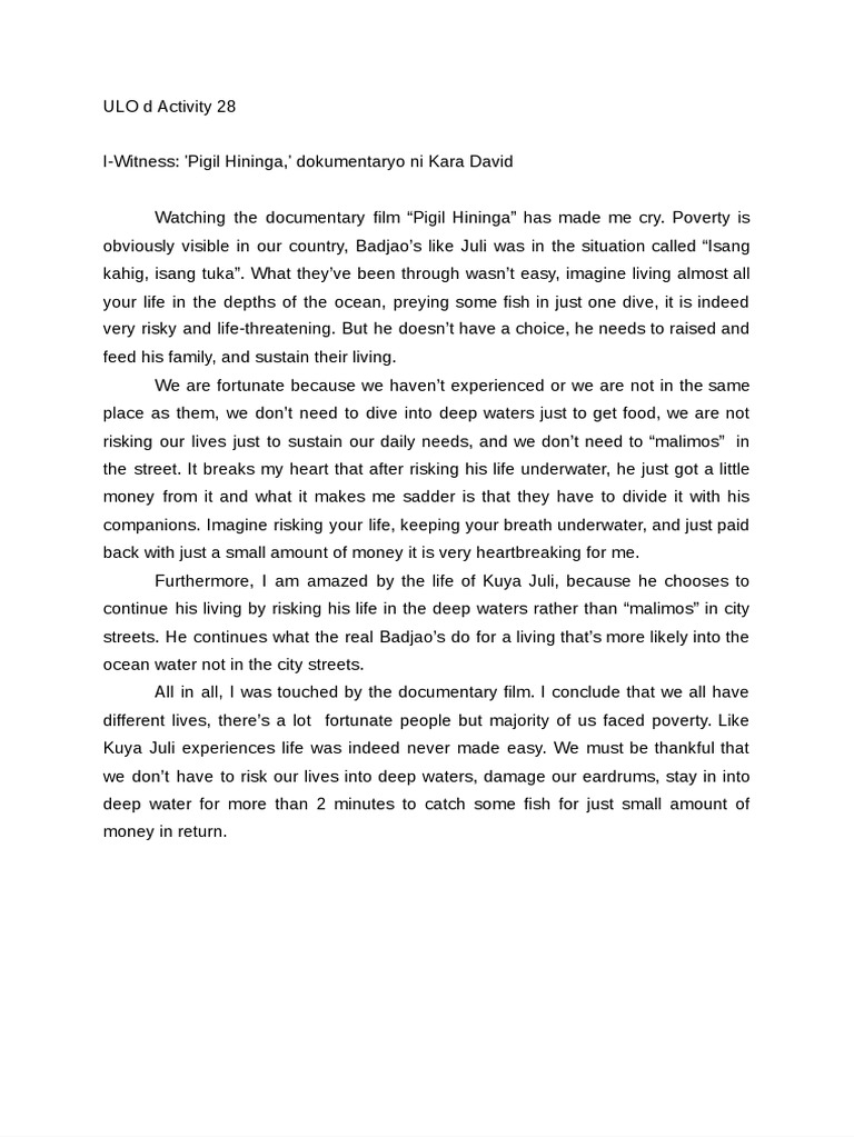 Reaction Paper On Pigil Hininga Documentary Film | PDF