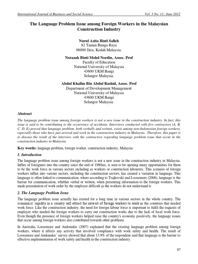 Language Problems Among Foreign Workers | PDF | Malaysia | Employment