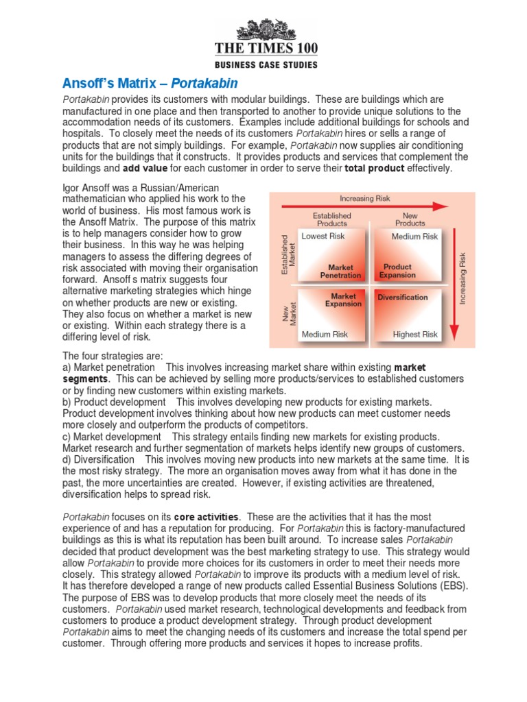 Portakabin Edition 16 Lesson Resource Ansoffs Matrix | PDF | Marketing Strategy | Marketing