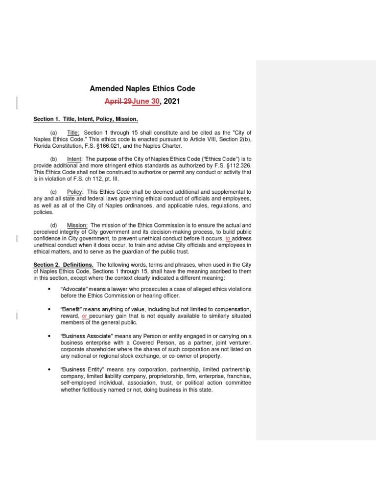 Naples Code of Ethics Adopted On June 30, 2021 by The Ethics Commission ...