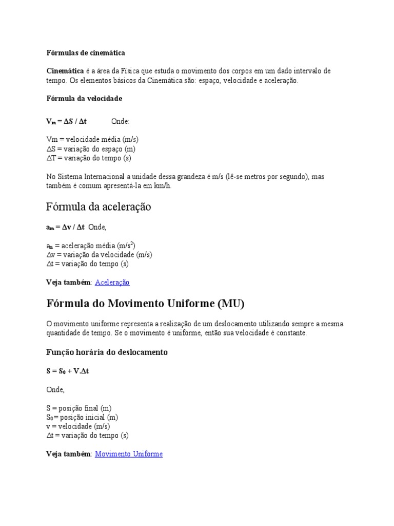Fórmulas de Cinemática | PDF | Velocidade | Cinemática