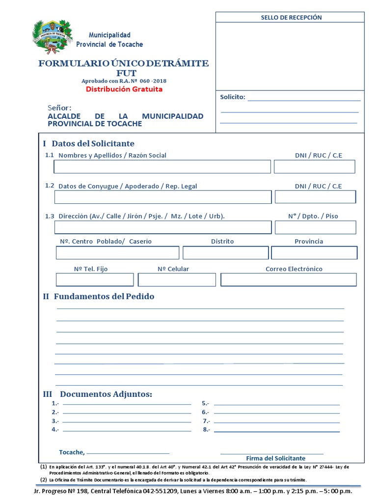 Distribución Gratuita: Formulario Único de Trámite FUT | PDF