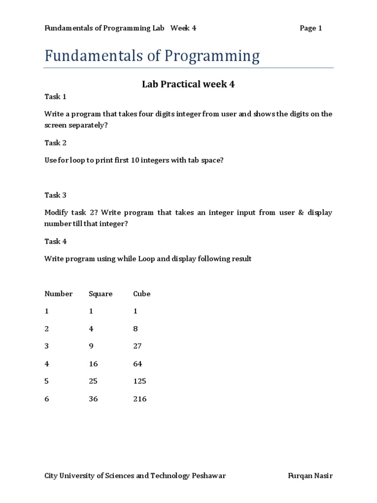 Programming Exercises and Tasks for Fundamentals of Programming Lab Week 4 | PDF | Computer ...