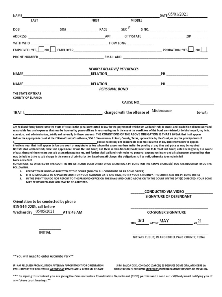 PR Bond Agreement for El Paso, Texas | PDF | Bail | Public Law