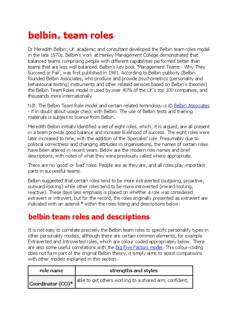Belbin Team Roles and Descriptions | PDF
