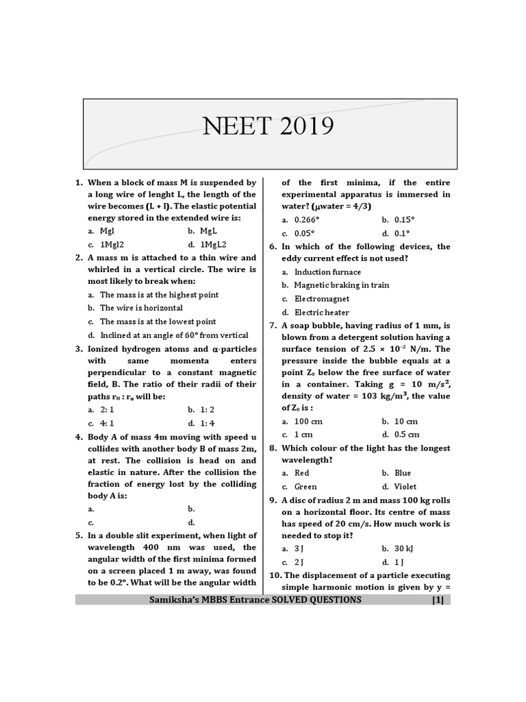 NEET 2019: Samiksha's MBBS Entrance SOLVED QUESTIONS - 1 | PDF ...