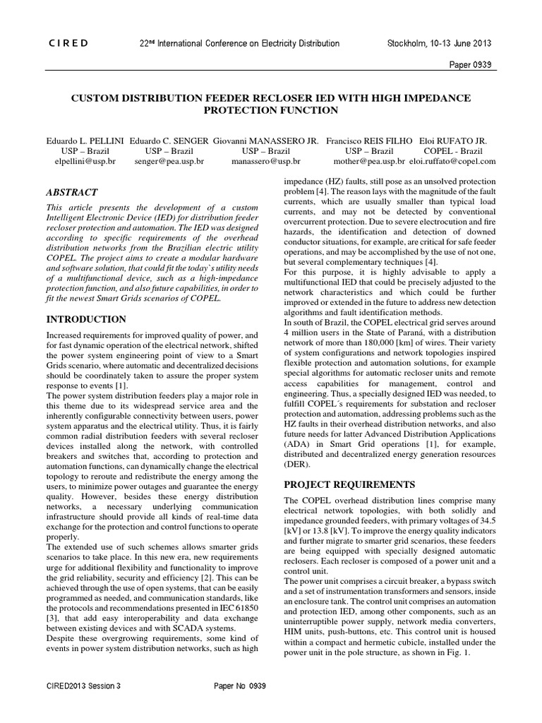 Custom IED for Distribution Recloser Protection with High Impedance ...