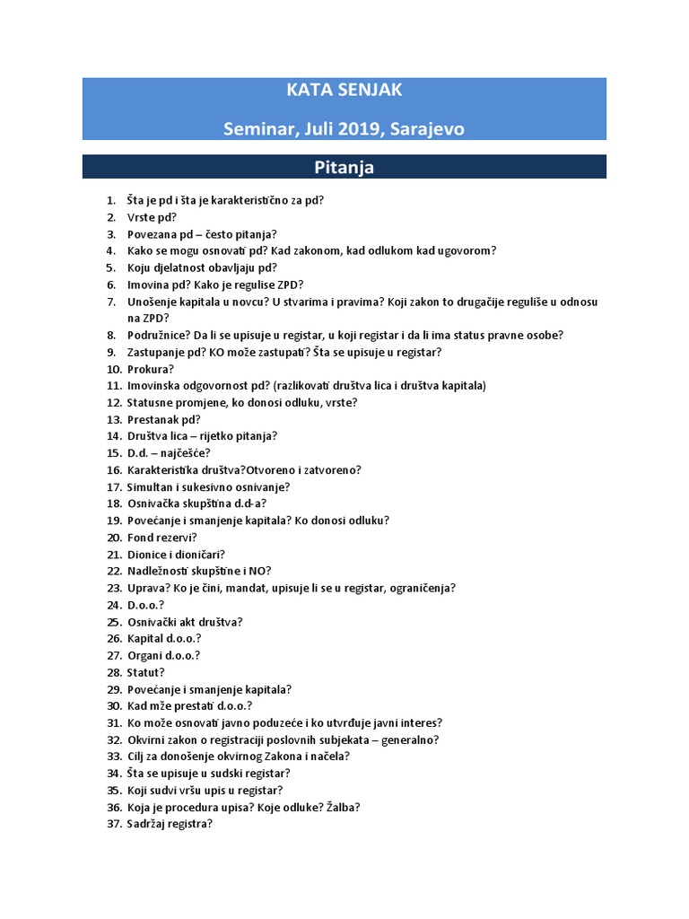 KATA SENJAK - Pitanja - Seminar - Sarajevo | PDF