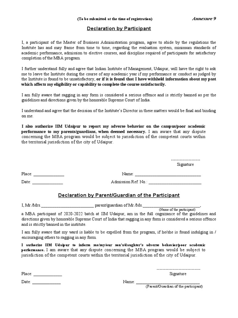 MBA Declaration Form | PDF | Policy | Social Institutions