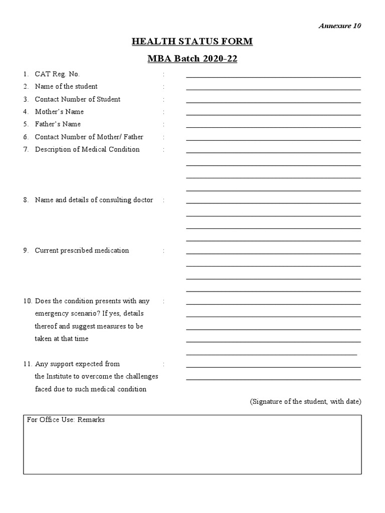 IIMU MBA 2020 A10 Health Status Form | PDF | Primary Care Physician ...