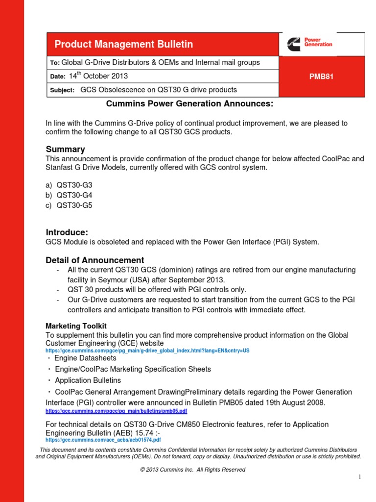 Product Management Bulletin: Cummins Power Generation Announces | PDF ...