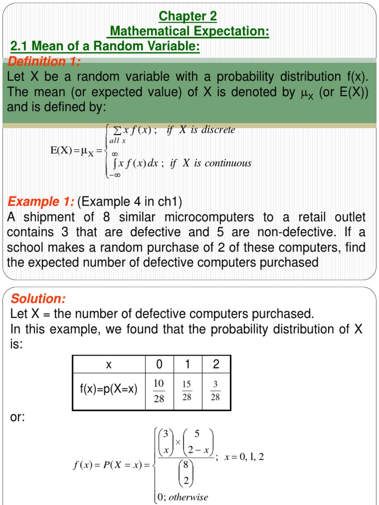 Mathematical Expectation 2 1 Mean Of A Random Variable Pdf