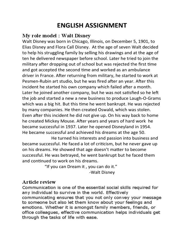 English Assignment: My Role Model: Walt Disney | PDF | Walt Disney
