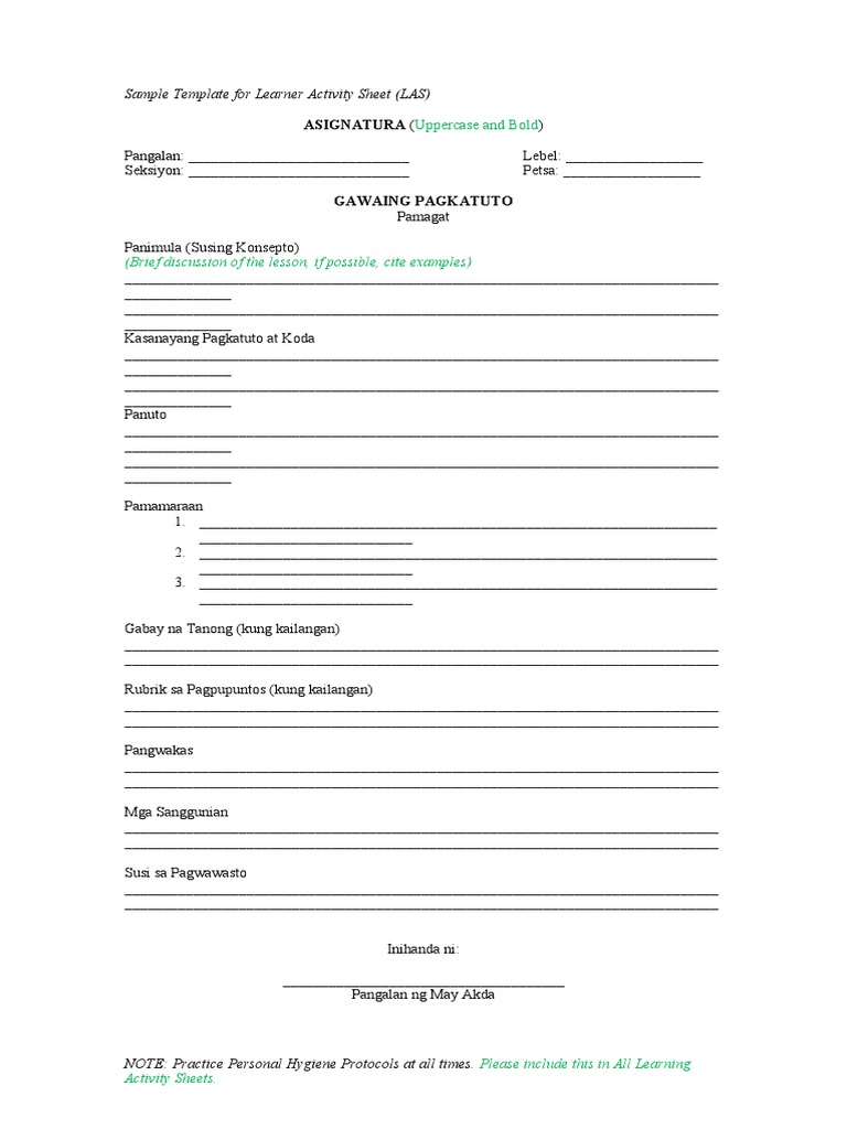 Learning Activity Sheets (LAS) Sample in Tagalog | PDF