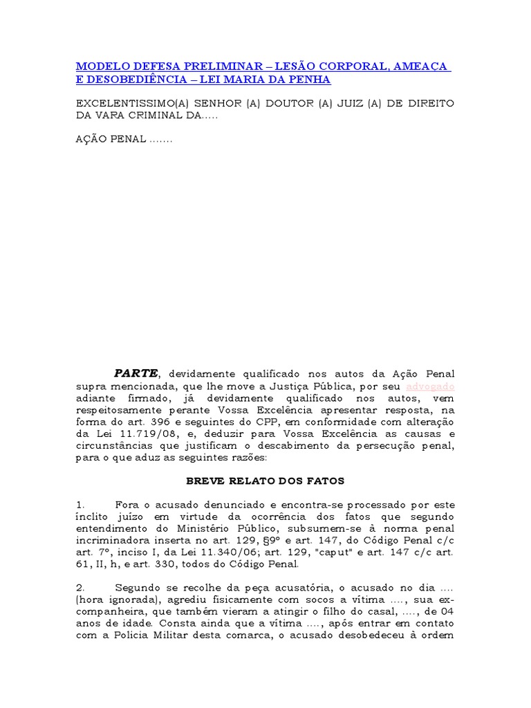 Modelo Defesa Preliminar | PDF | Lesão corporal (crime) | Crime e violência