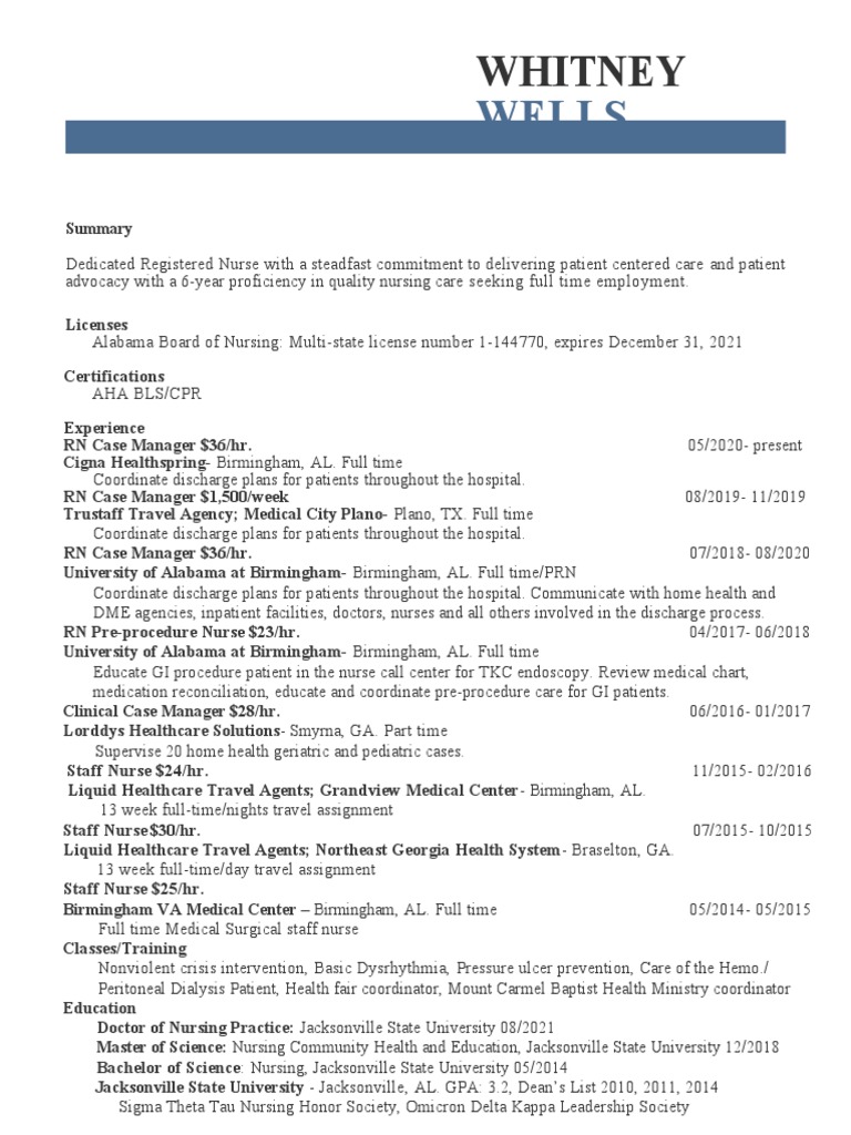 Whitney 2018 Resume MSL Copy Copy 1 | PDF | Nursing | Patient