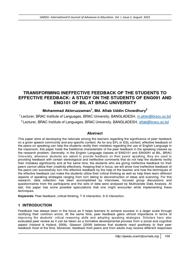 Transforming Ineffective Feedback of The Students To Effective Feedback ...