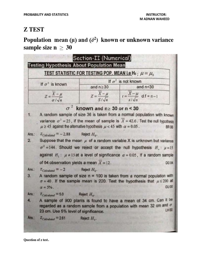 Z Test Population Mean ( ) and ( ) Known or Unknown Variance Sample ...