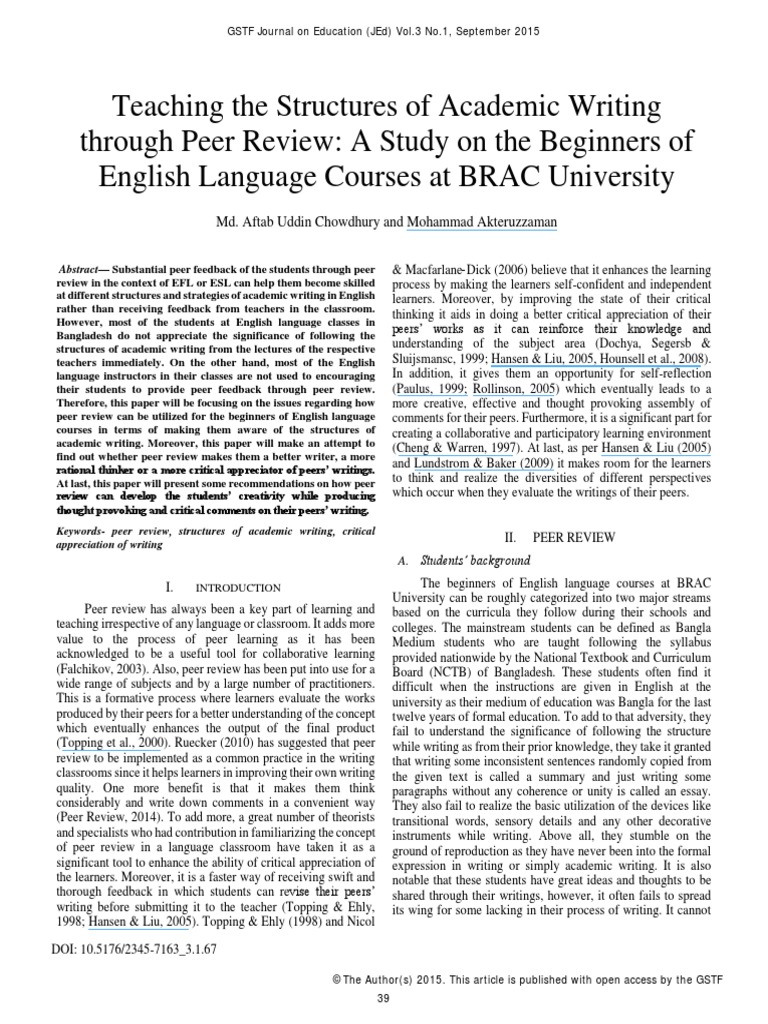 Teaching The Structures of Academic Writing Through Peer Review A Study ...