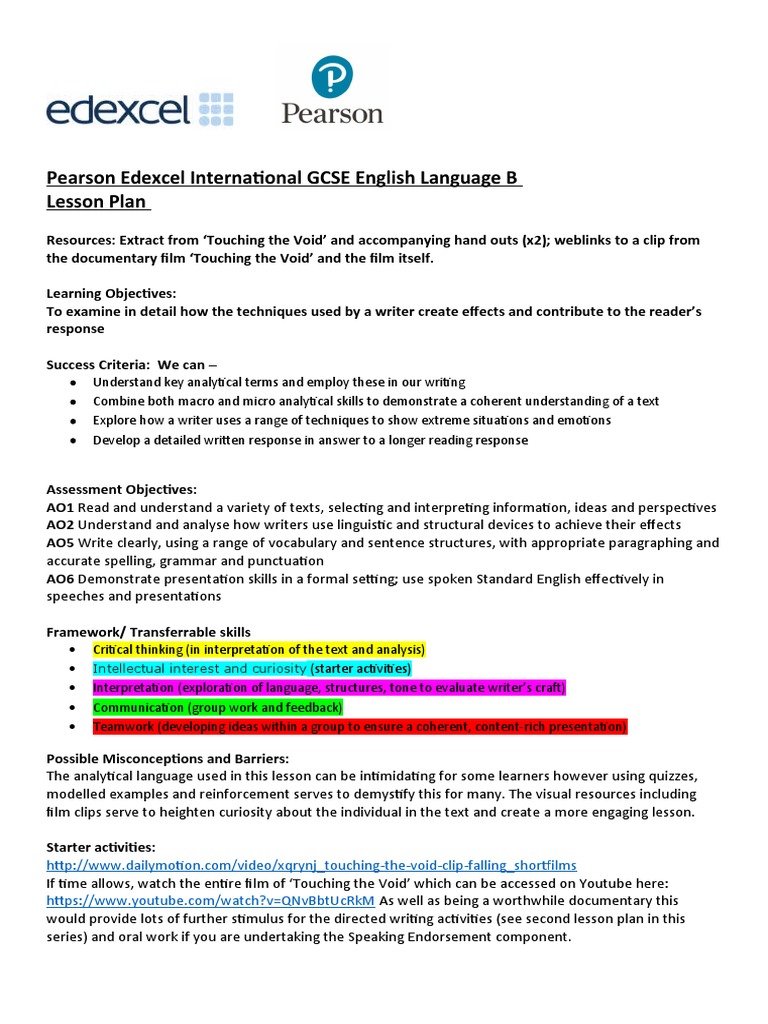 English Language B Lesson Plan: Touching the Void | PDF | Writers ...